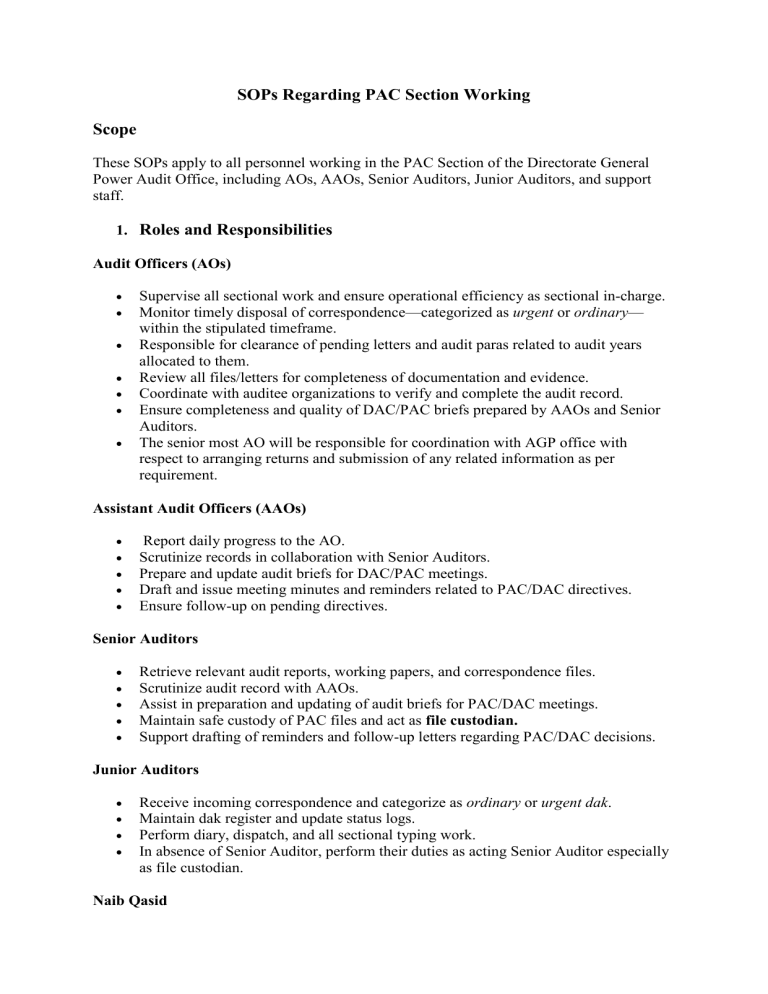 PAC Section SOPs: Audit Procedures & Responsibilities