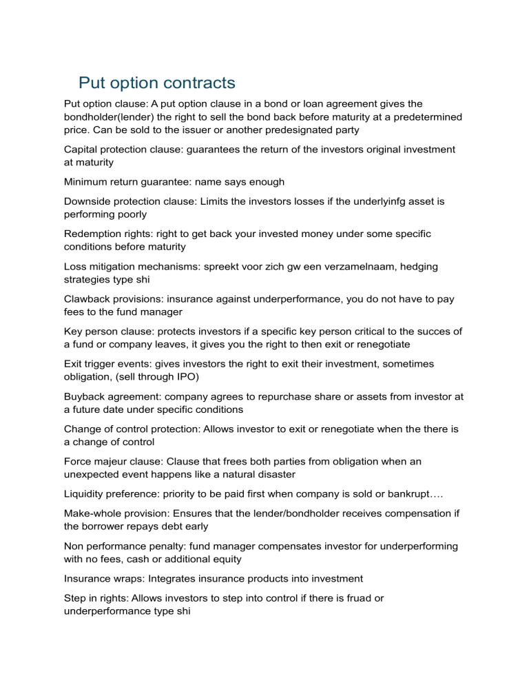 Contract Clause Definitions: Put & Call Options, Investment Terms
