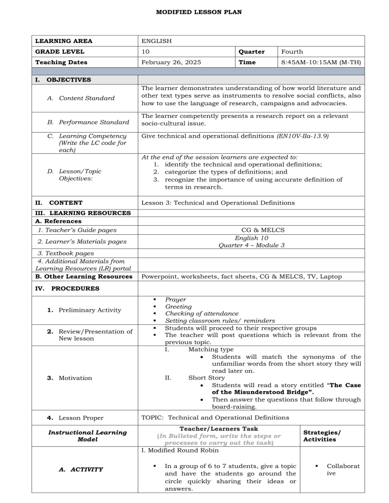 Technical & Operational Definitions: Grade 10 English Lesson