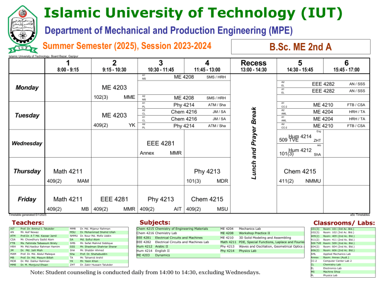 IUT ME Timetable: Summer 2025, B.Sc. ME 2nd A