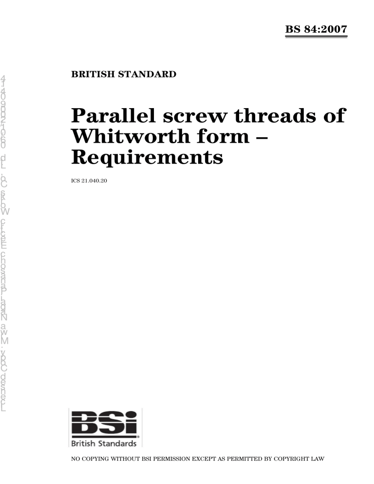 BS 84:2007 Whitworth Screw Threads Standard
