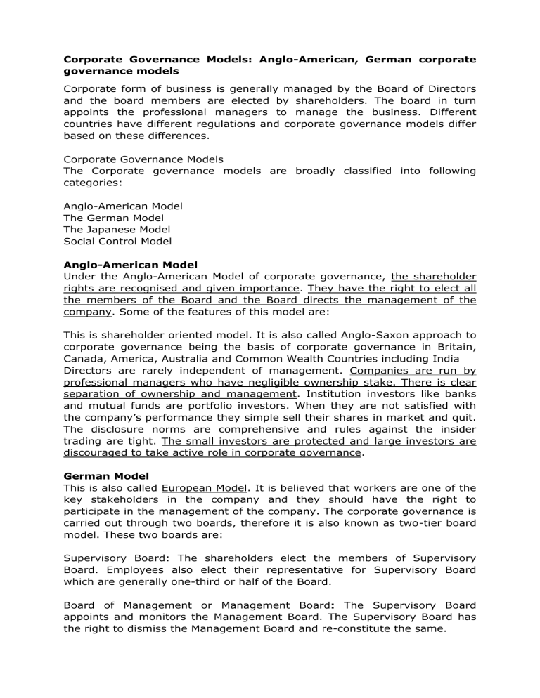 Corporate Governance: Anglo-American & German Models