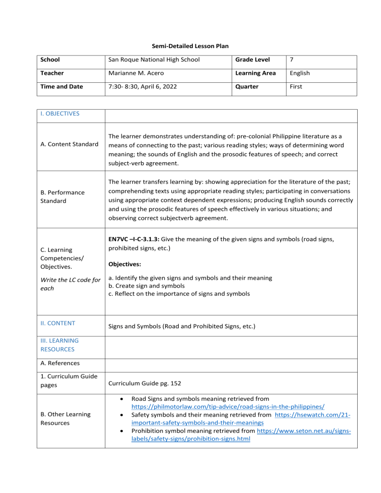 Signs and Symbols Lesson Plan for Grade 7 English