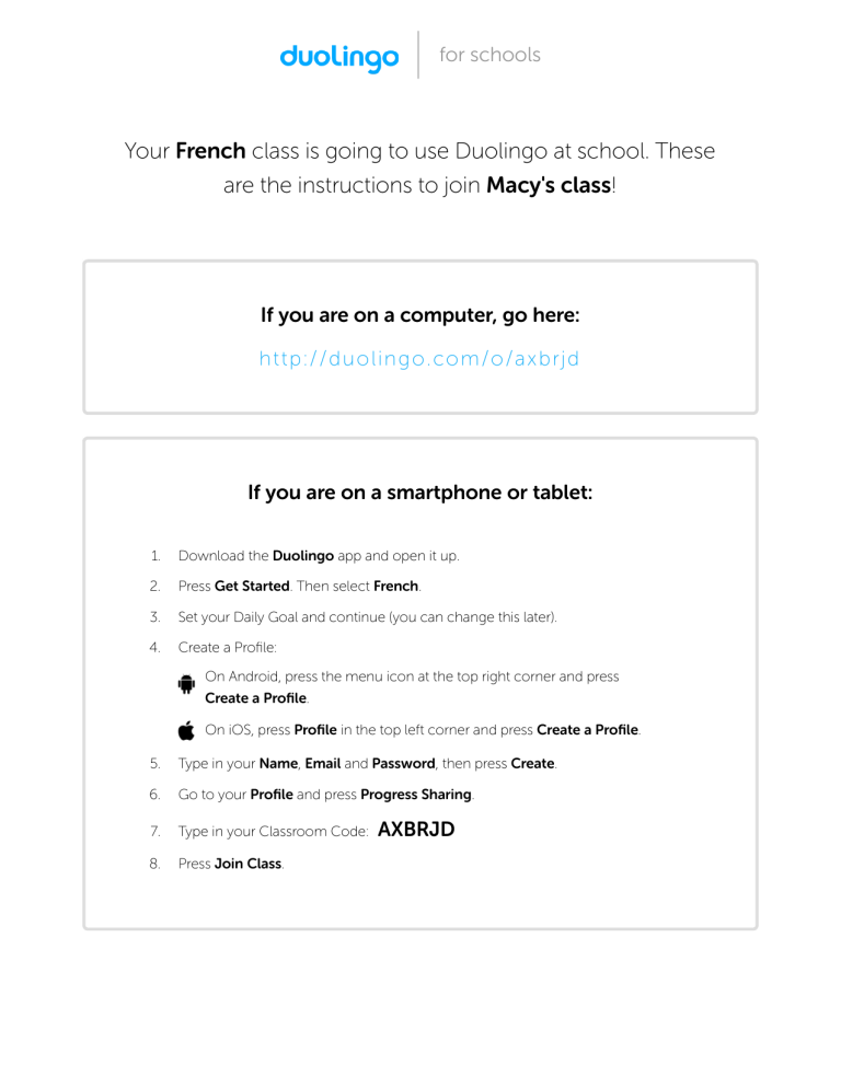 Duolingo French Class Instructions: Join Macy's Class