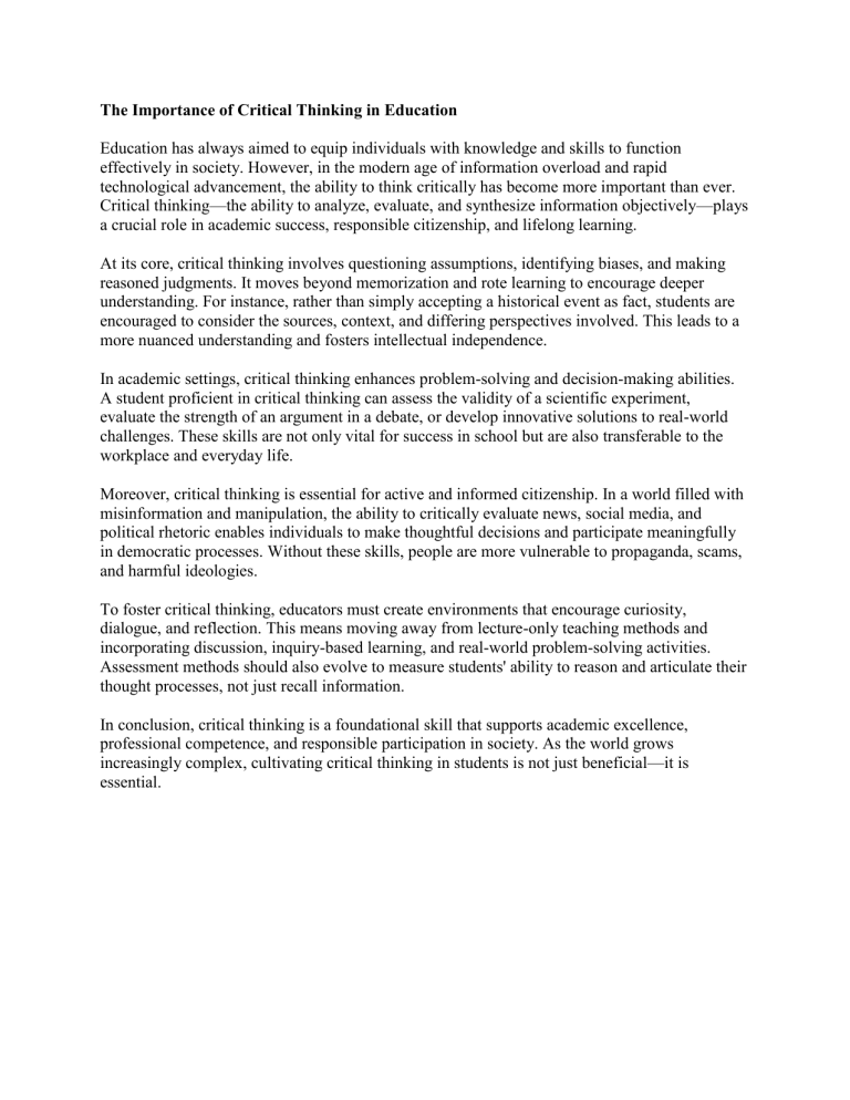 Critical Thinking in Education: Importance & Development