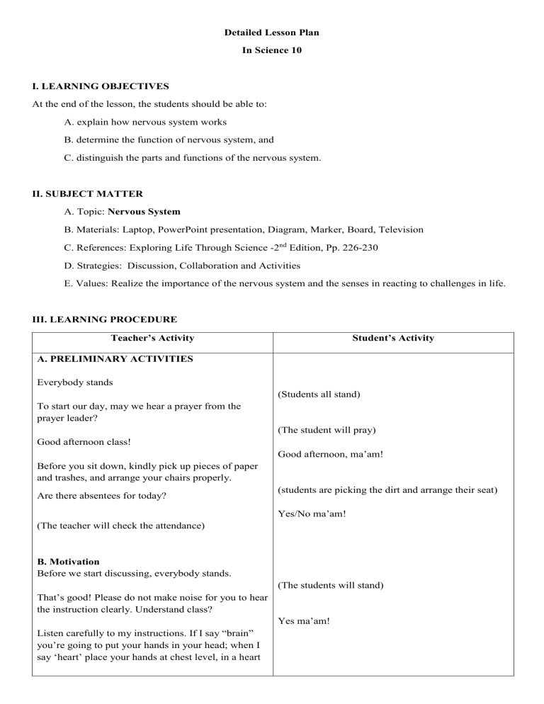 Nervous System Lesson Plan for High School Science