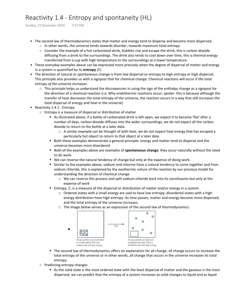 Entropy & Spontaneity (HL): Reactivity 1.4 Notes