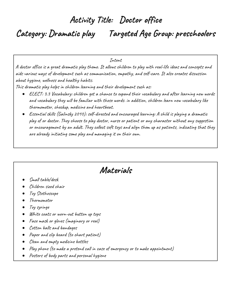 Doctor Office Dramatic Play: Preschool Activity Plan