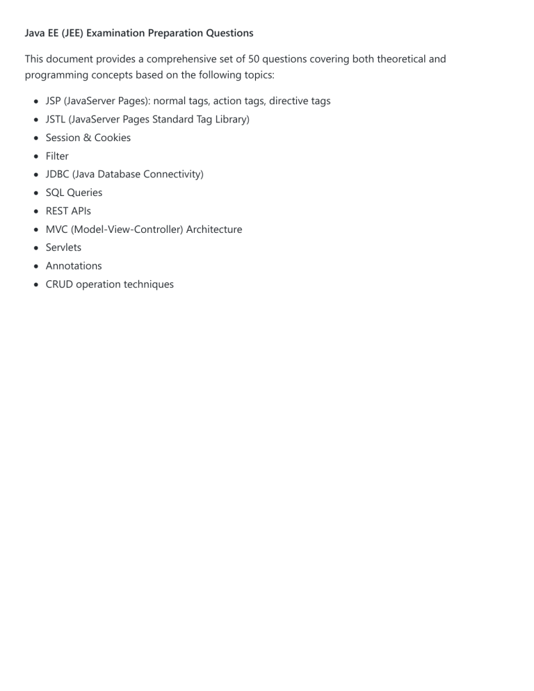 Java EE (JEE) Exam Prep Questions: JSP, Servlets, JDBC