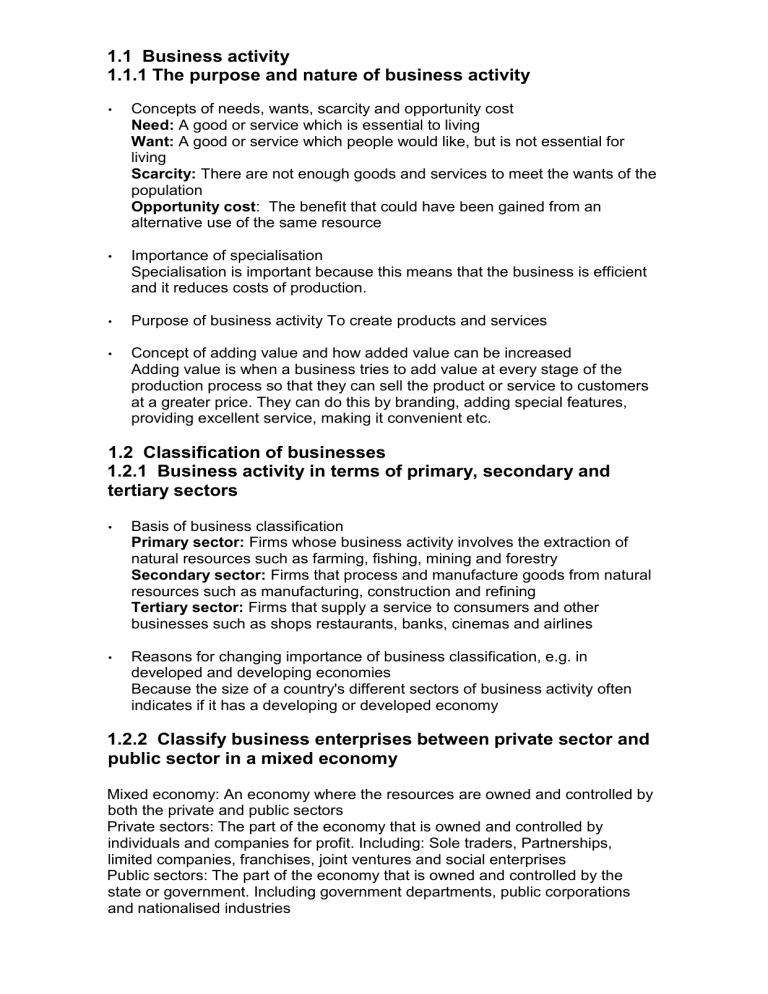Business Activity & Organization Study Guide