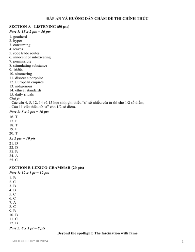 Exam Answer Key: Listening, Grammar, Reading, Writing