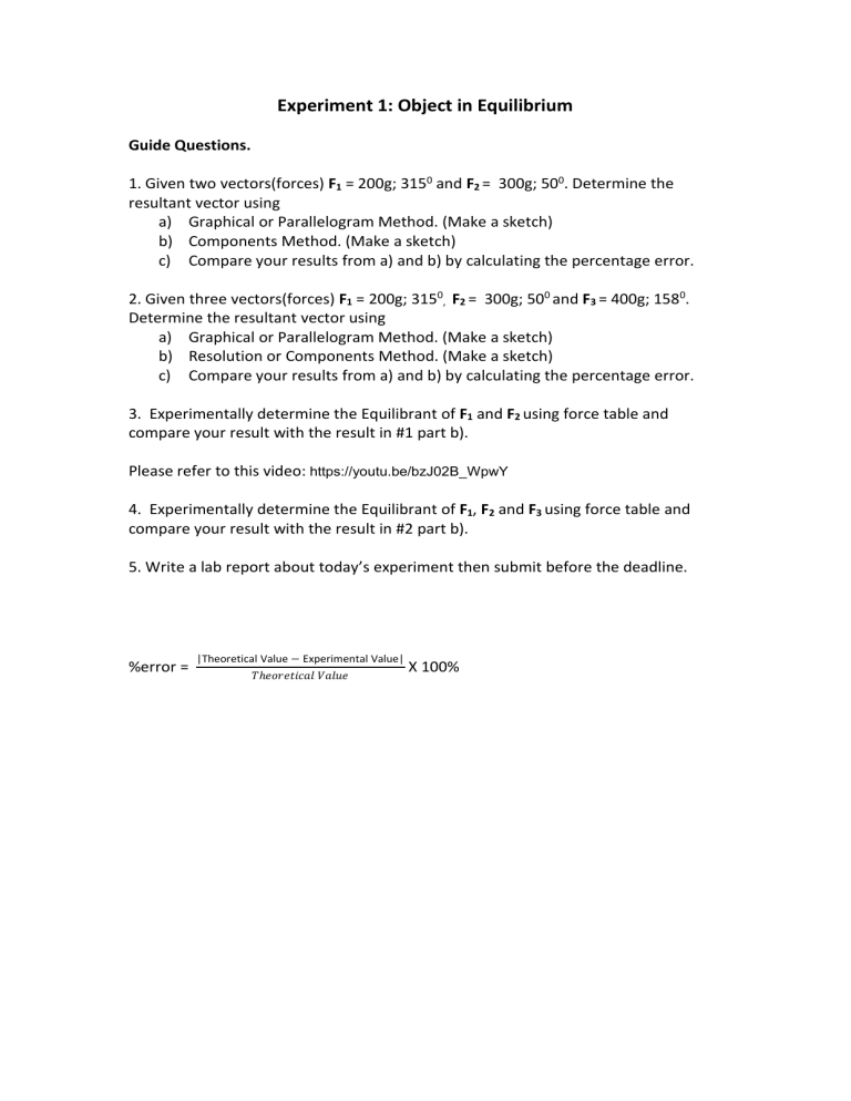 Object Equilibrium Lab: Vector Forces & Resultants