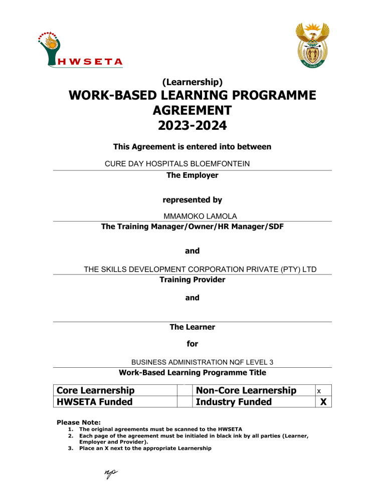 Work-Based Learning Agreement: Business Administration NQF Level 3