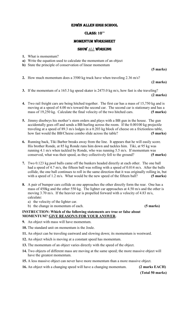 Momentum Worksheet: Physics Problems for High School