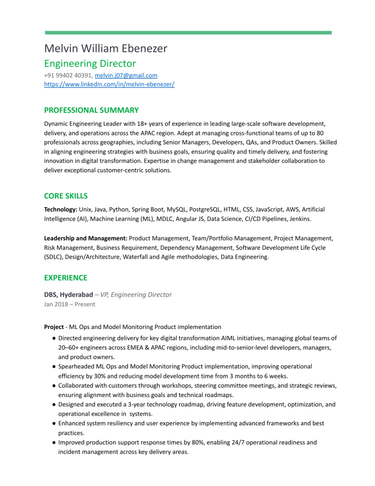 Melvin Ebenezer - Engineering Director Resume