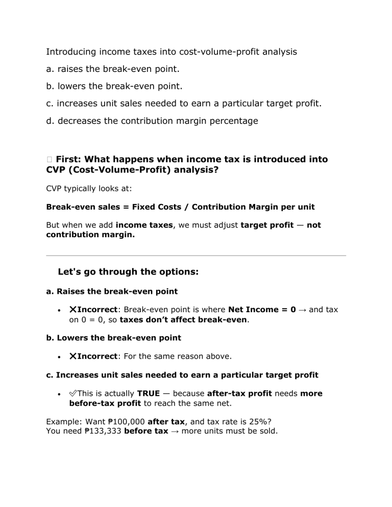 Income Taxes in Cost-Volume-Profit Analysis