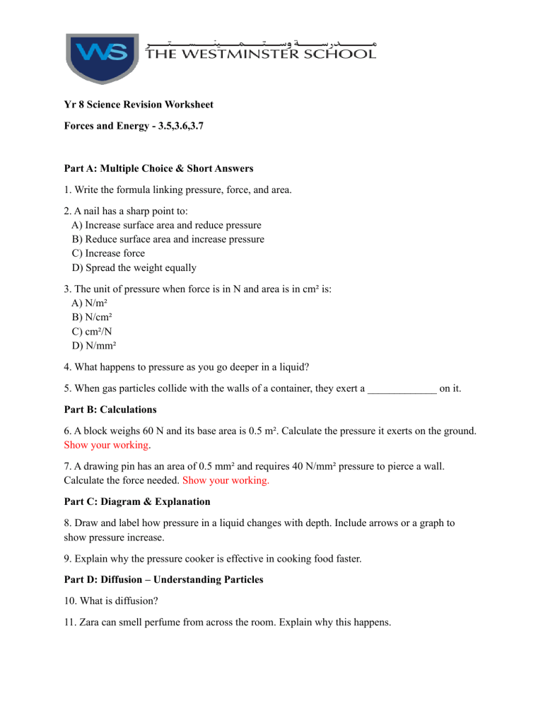 Yr 8 Science: Forces & Energy Revision Worksheet