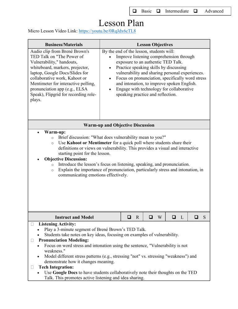 English Lesson Plan: Vulnerability, Listening, Speaking & Pronunciation