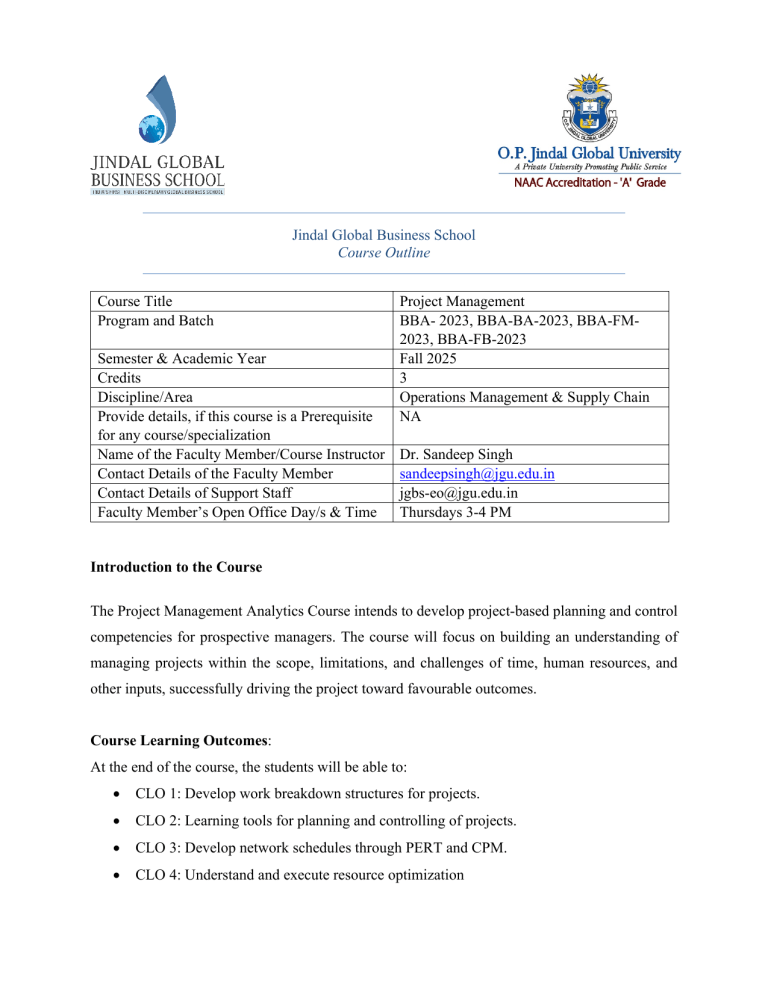 Project Management Course Outline - Jindal Global Business School