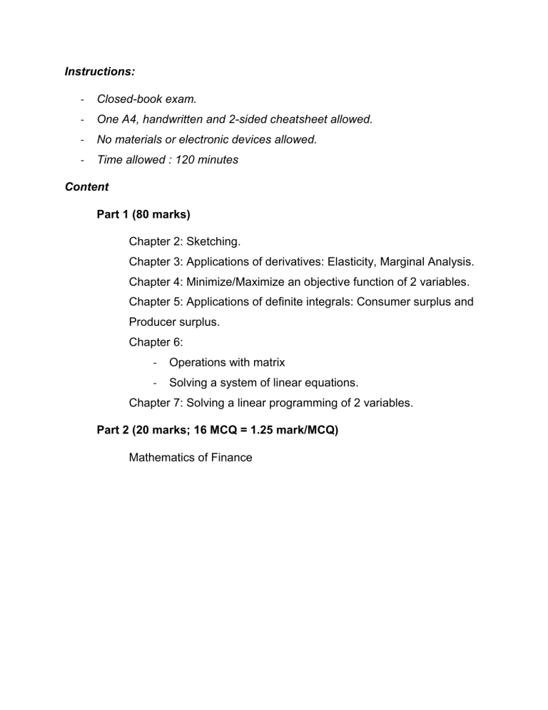 Exam Content: Calculus, Linear Algebra, Finance