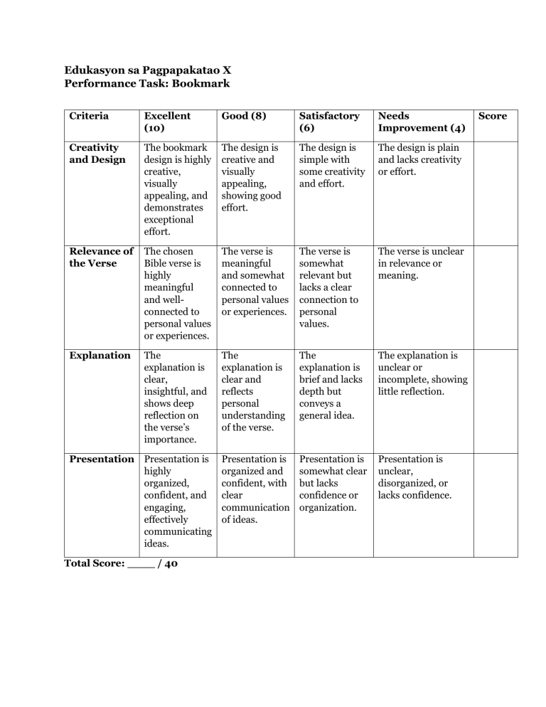 Values Education Bookmark Rubric - High School