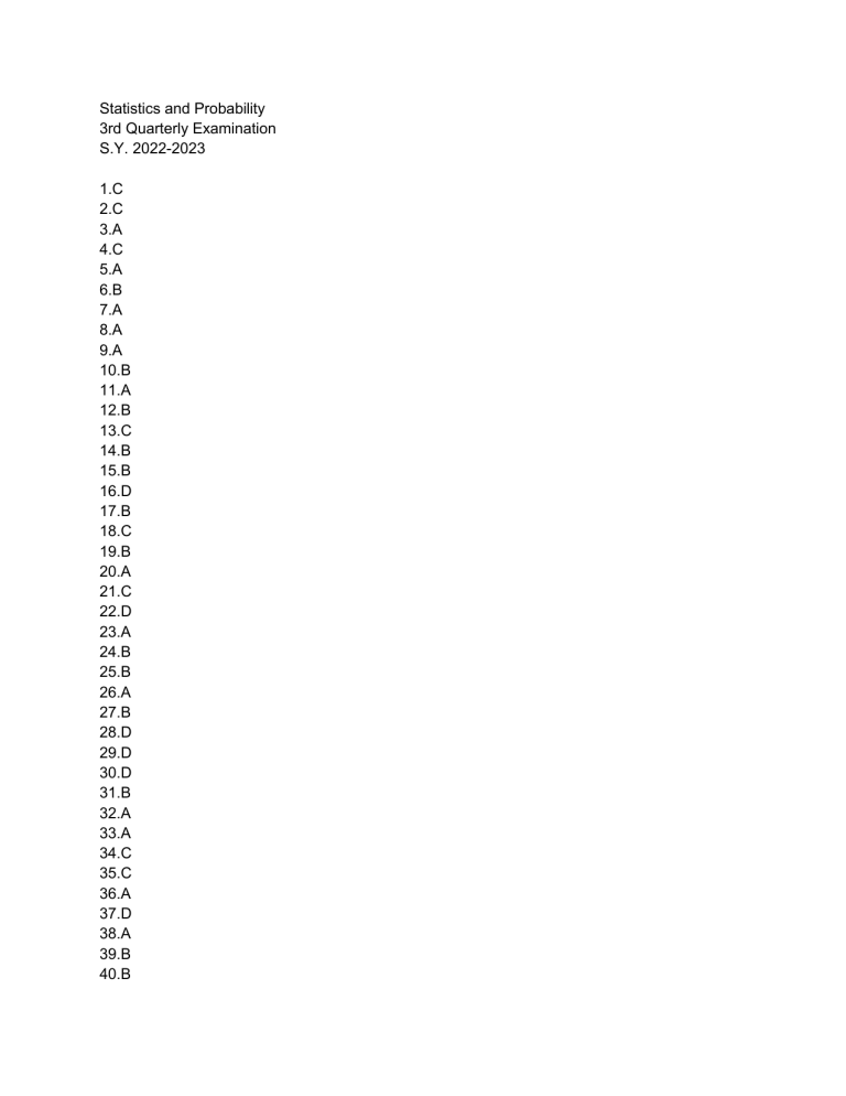 Statistics & Probability Exam Answer Key - High School