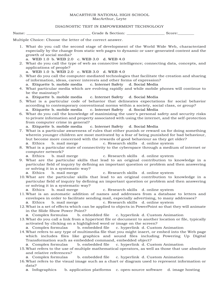 Empowerment Technology Diagnostic Test - High School