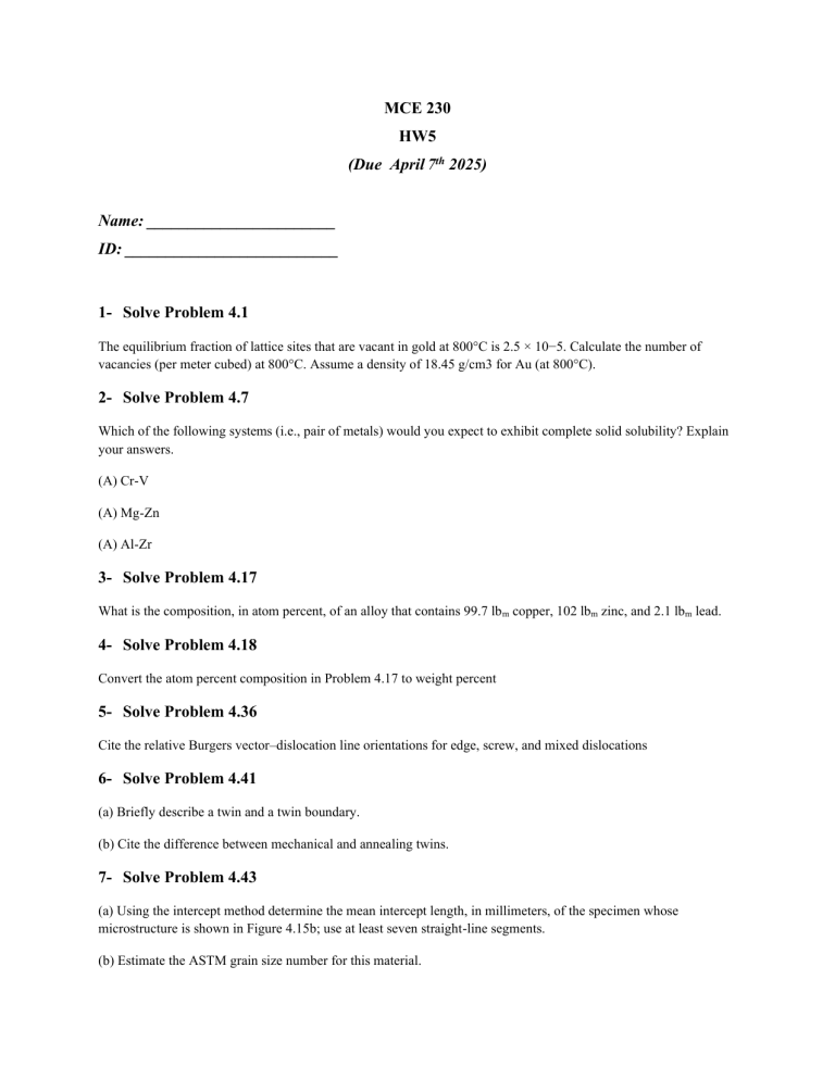 MCE 230 Homework 5: Materials Science Problems