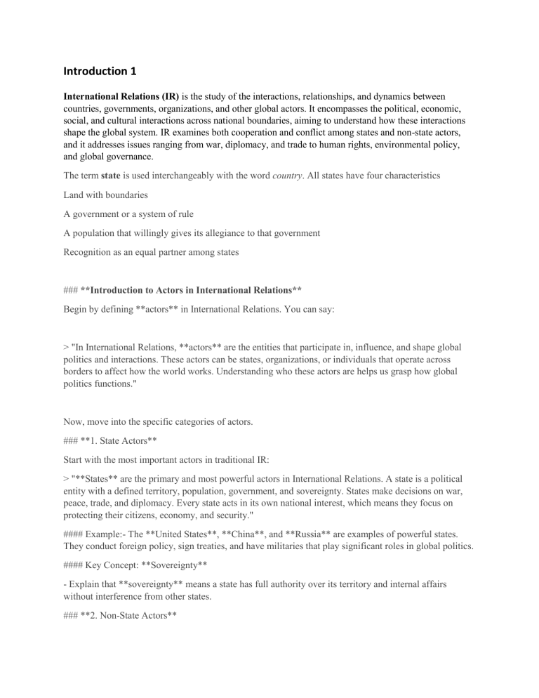 Actors in International Relations: State & Non-State Actors