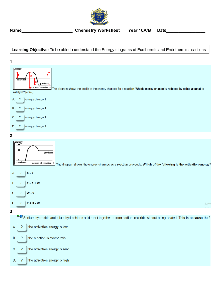 Exothermic & Endothermic Reactions Worksheet