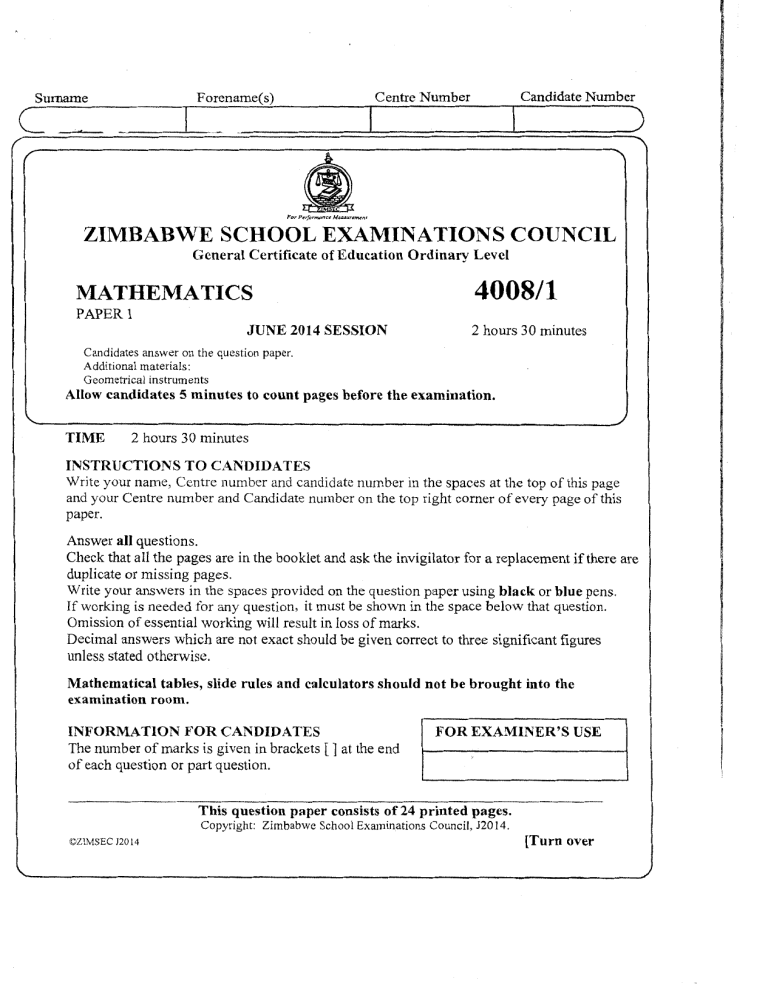 ZIMSEC O Level Mathematics Exam Paper - June 2014