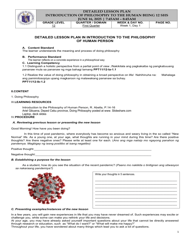 Philosophy Lesson Plan: Holistic vs. Partial Views (Grade 12)