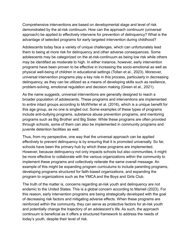 Delinquency Prevention: Universal Interventions & At-Risk Youth