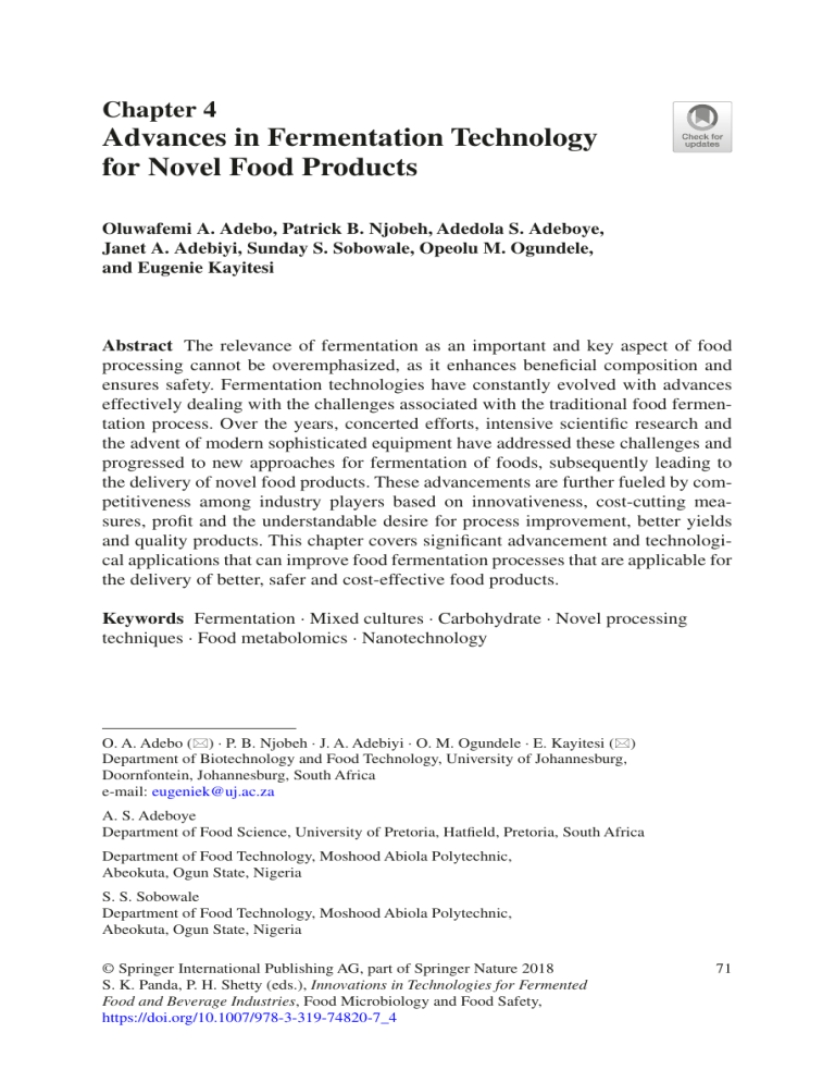 Fermentation Technology Advances for Novel Foods