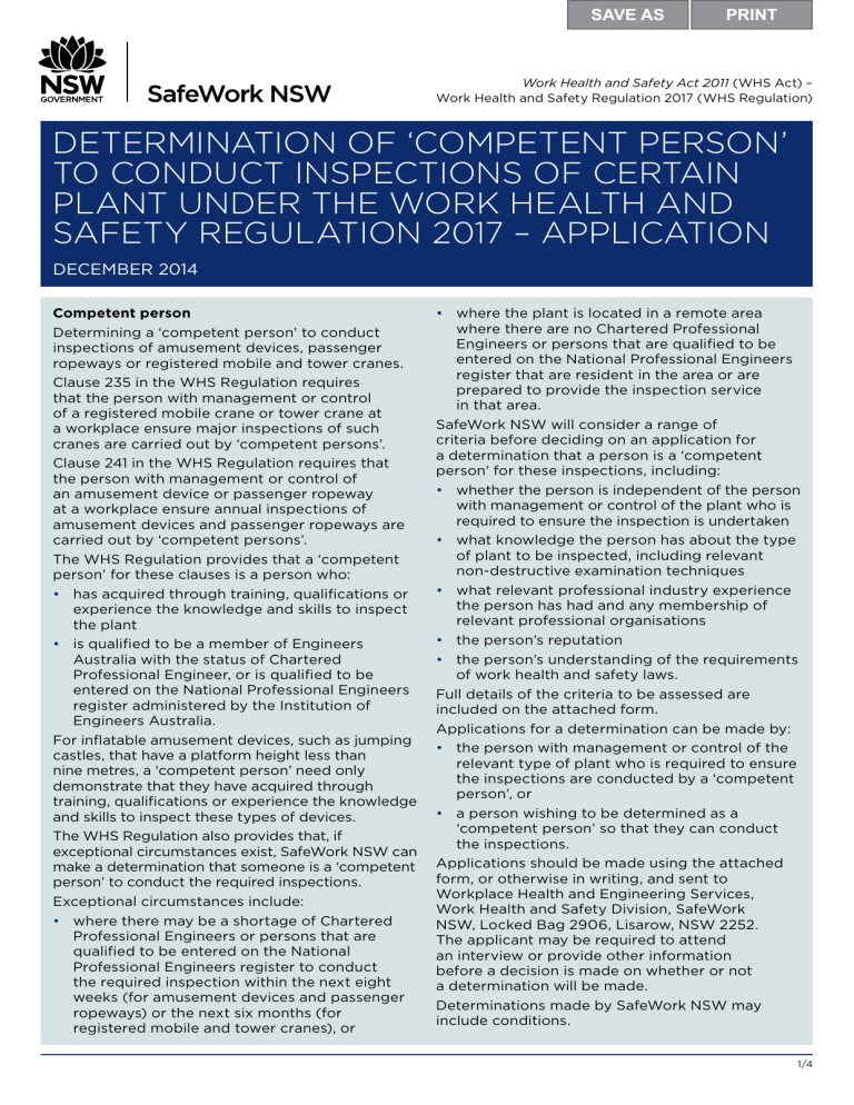 Competent Person Application: Plant Inspections NSW