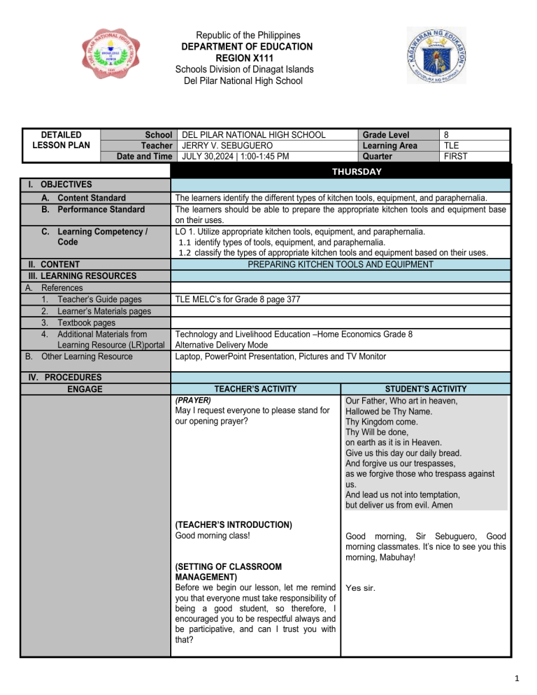 Grade 8 TLE Lesson Plan: Kitchen Tools & Equipment