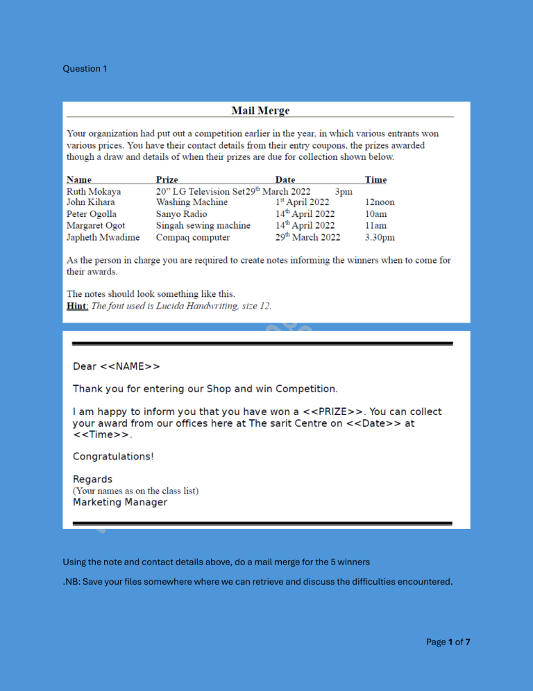 Word Exercise: Mail Merge & Formatting