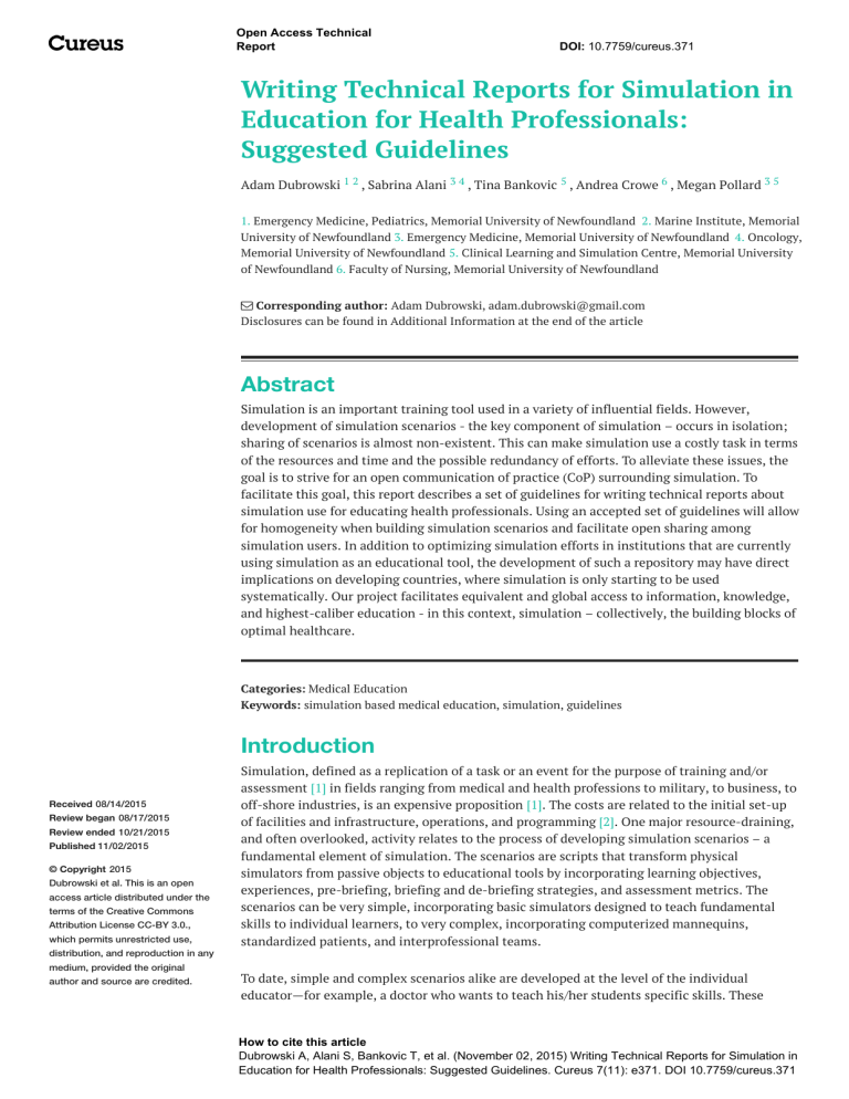 Simulation in Health Education: Technical Report Guidelines