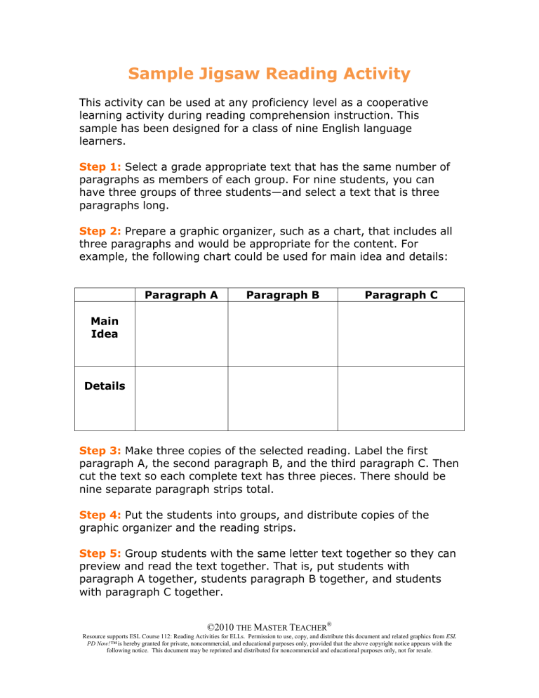 Jigsaw Reading Activity for ESL Learners