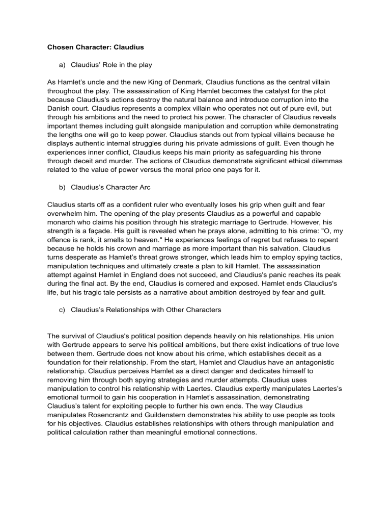 Claudius Character Analysis in Hamlet
