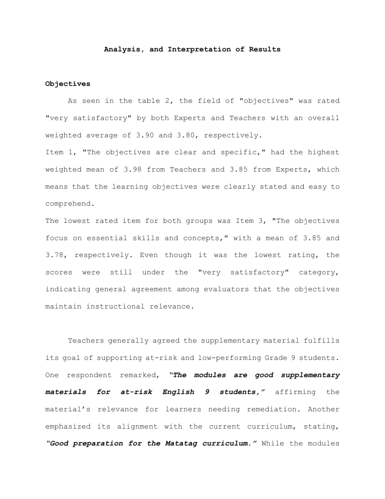 Analysis & Interpretation of Educational Material Results
