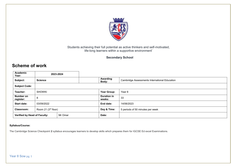 Year 8 Science Scheme of Work (2023-2024)