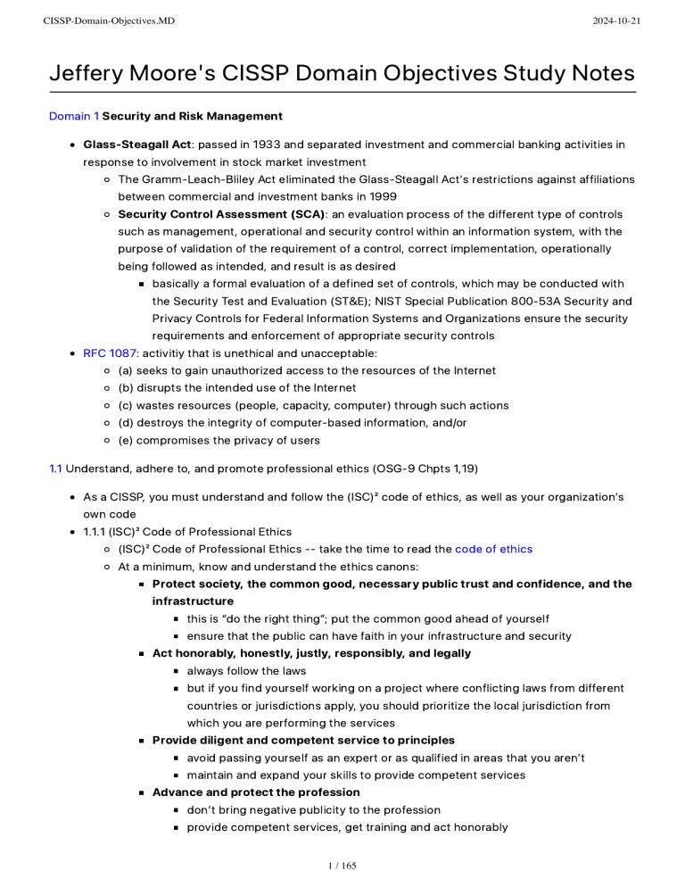 CISSP Domain 1 Study Notes: Security & Risk Management