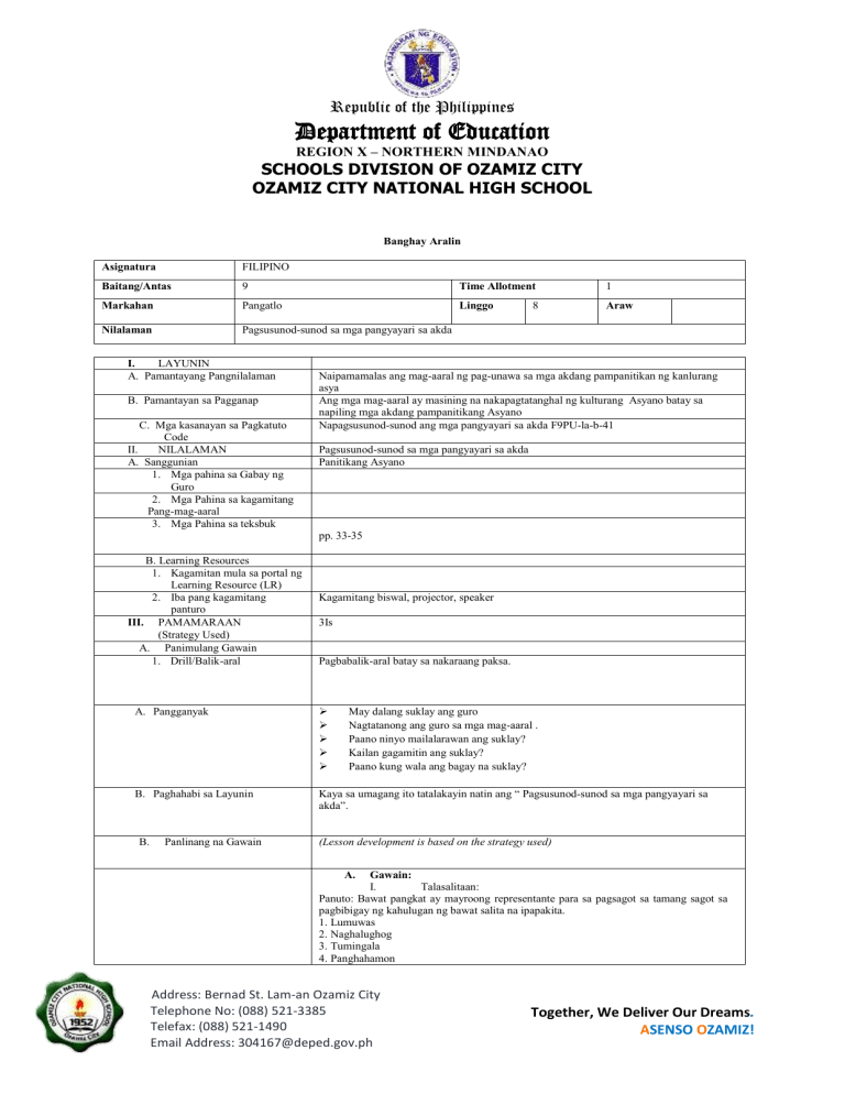 Filipino Lesson Plan: Sequencing Events in a Story