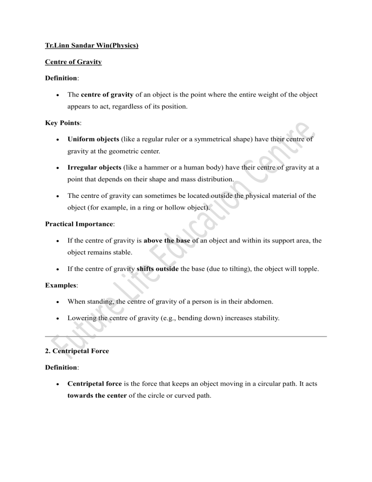Centre of Gravity, Centripetal Force & Stability - Physics Notes