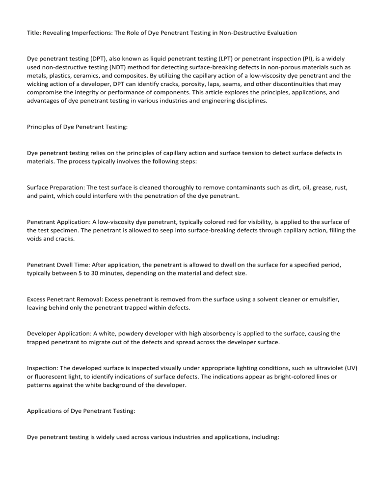 Dye Penetrant Testing: NDT for Surface Defect Detection