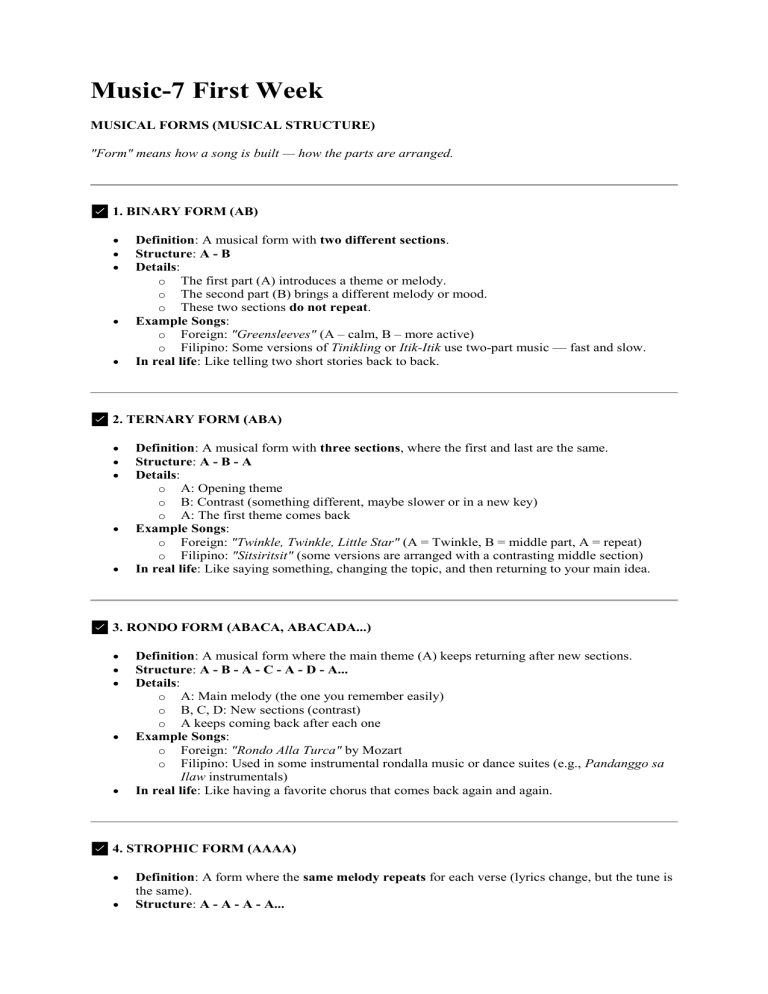 Musical Forms & Texture: Worksheet for Music-7