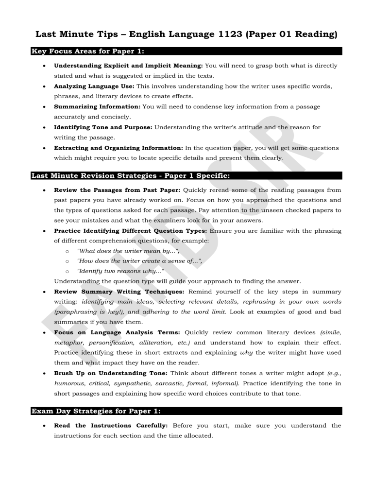 English 1123 Paper 1: Last Minute Exam Tips