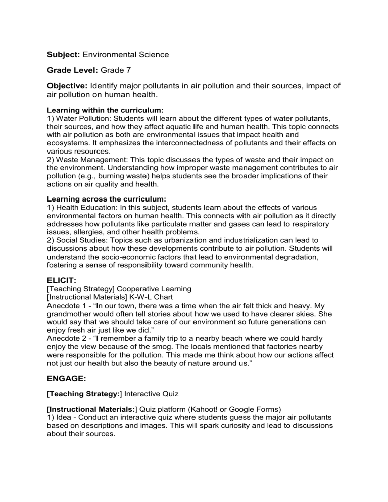 Air Pollution Lesson Plan: Grade 7 Environmental Science