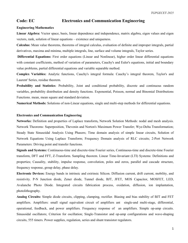 TGPGECET-2025 ECE Syllabus: Engineering & Communication